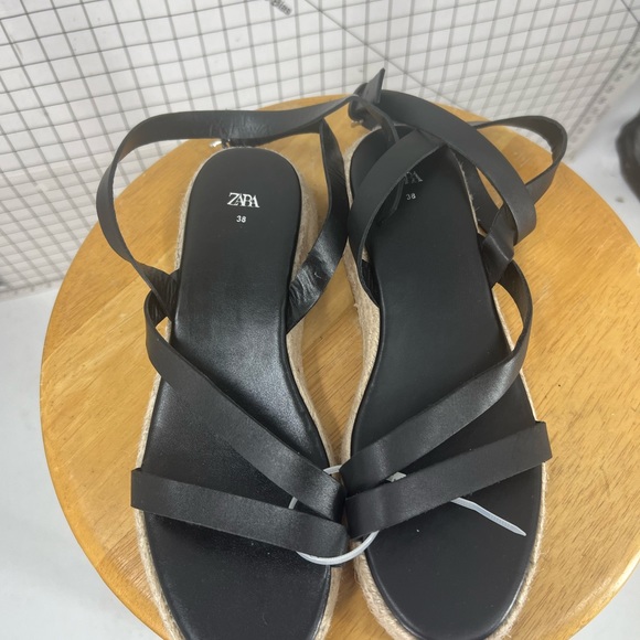 Zara | Shoes | Zara Black Strappy Wedge Raffia Espadrille Platform ...